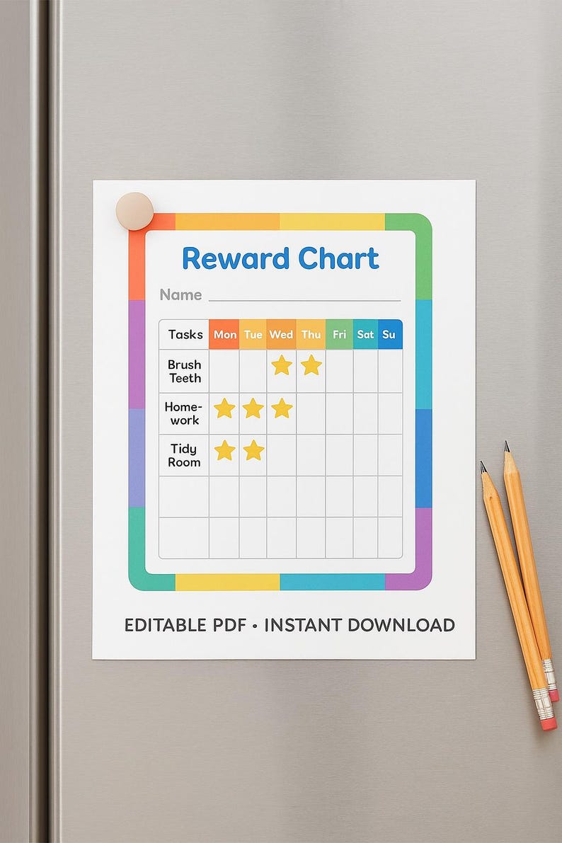 Kids Reward Sticker Chart | Printable Editable Responsibility Tracker ...
