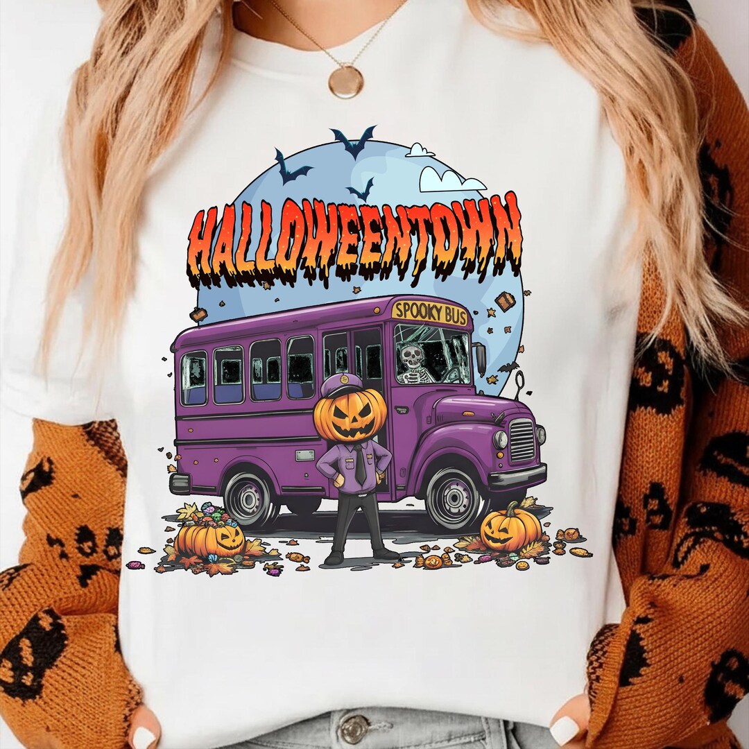 Halloweentown PNG Design - Cute Ghost School Bus With Pumpkins, Retro ...