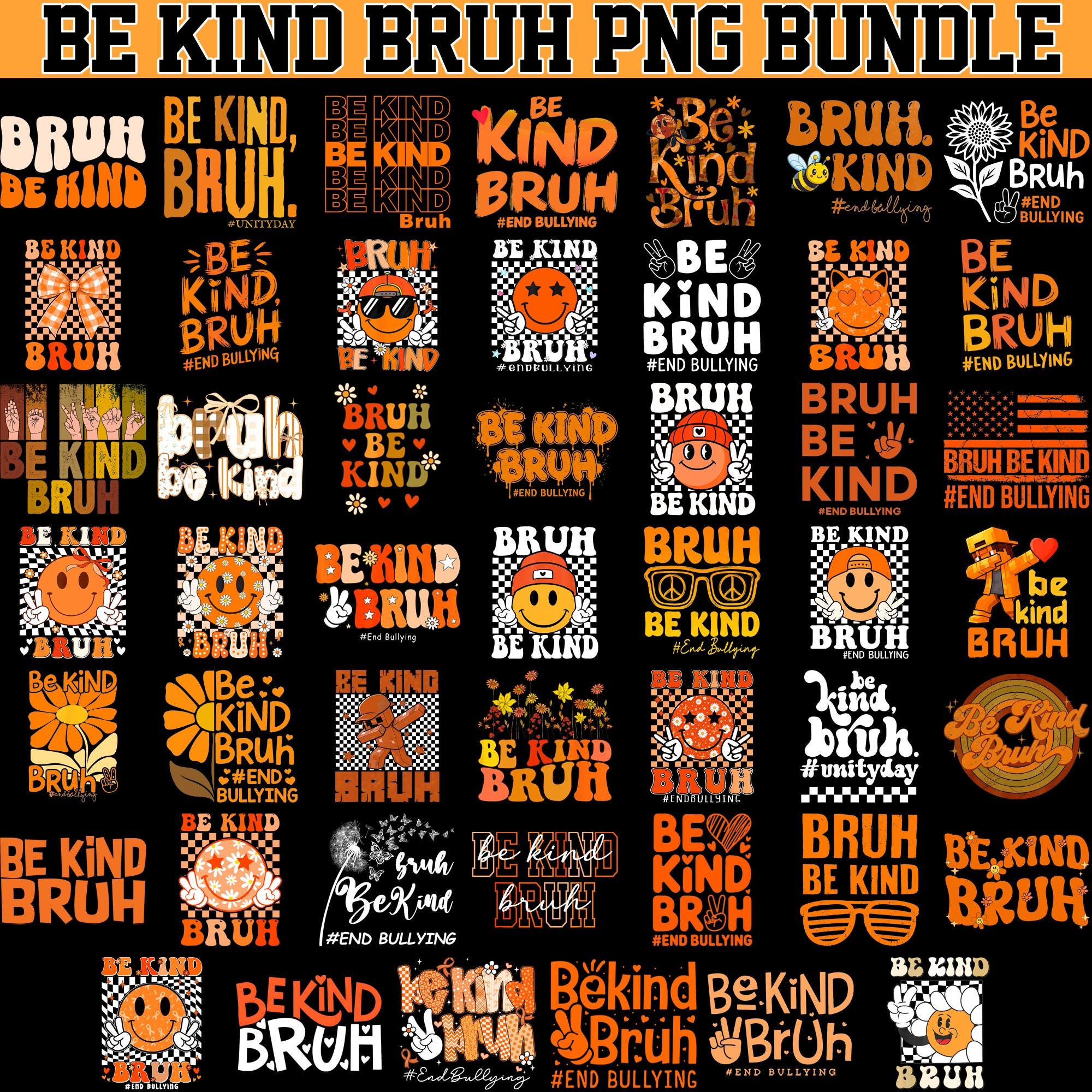 40+ Be Kind Bruh End Bullying PNG Bundle, Retro Smiley Face Sublimation ...