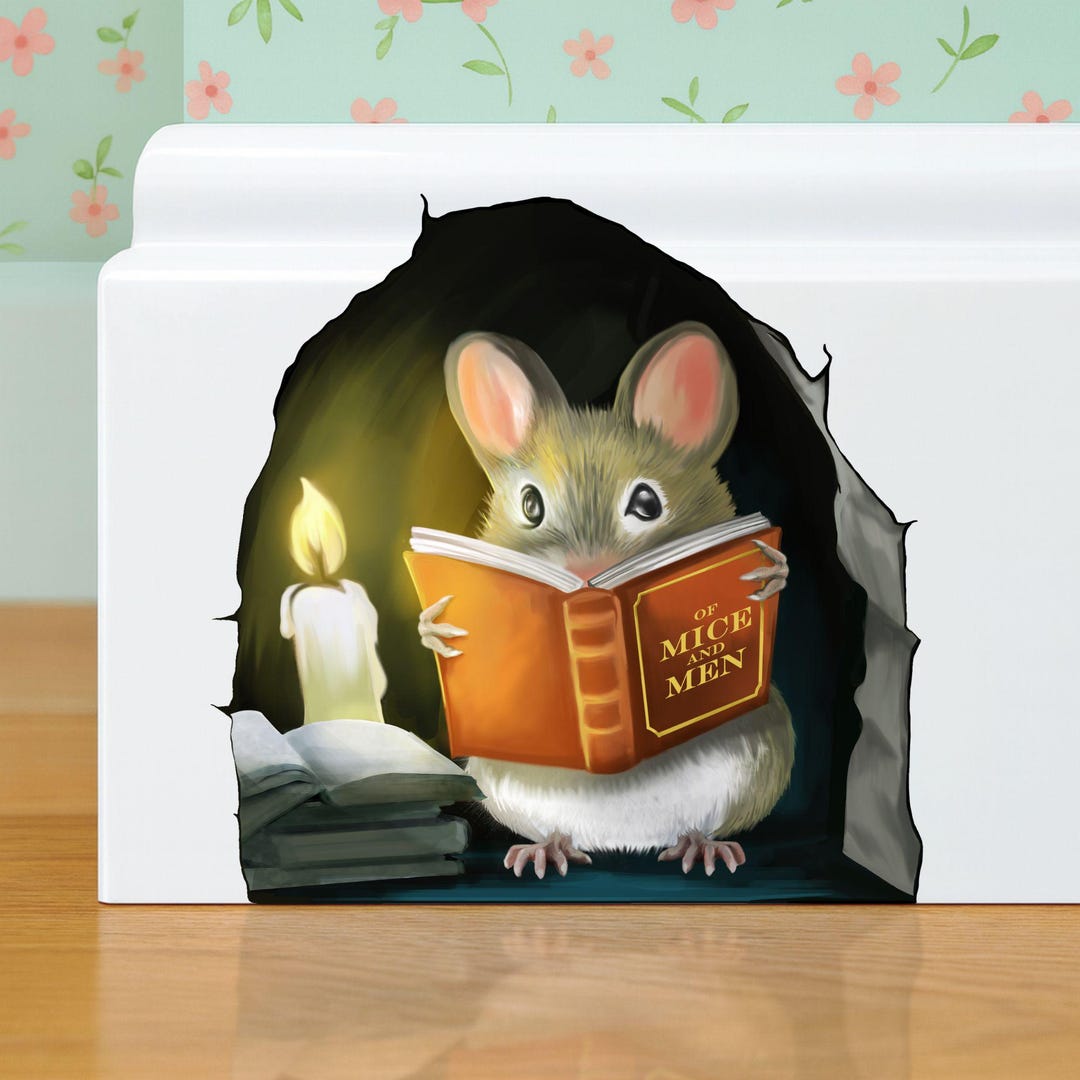 Mouse Reading Book Wall Decal: Cozy Mousehole Sticker for Book Lovers ...