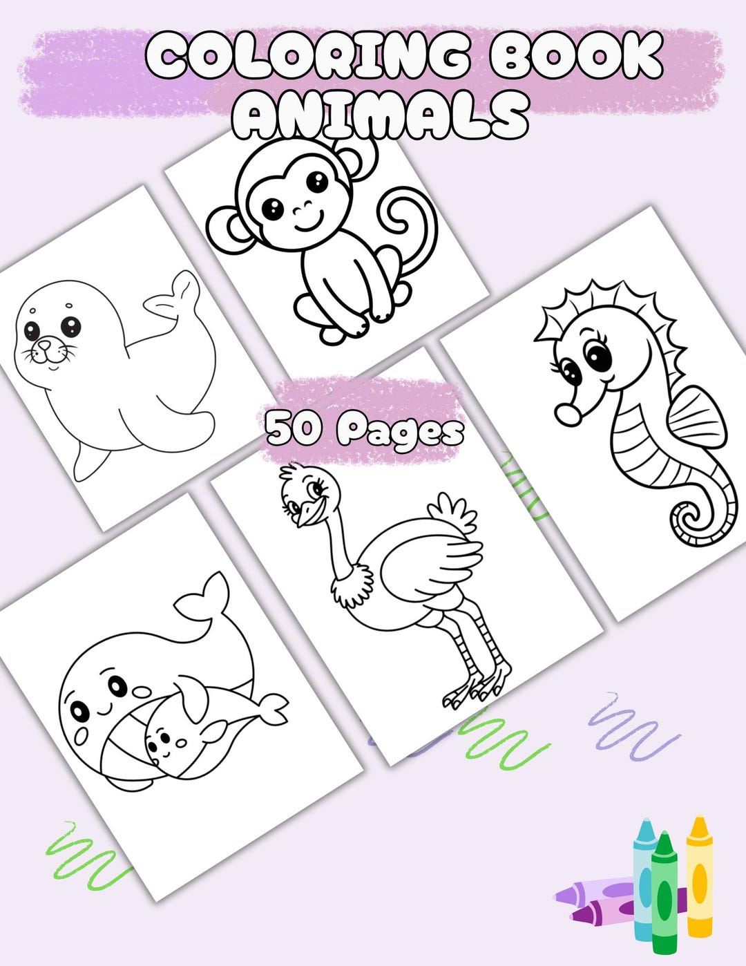 50 Animals Coloring Pages - Etsy