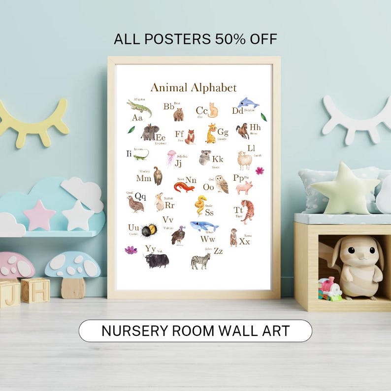 Watercolor Animal Alphabet ABC Poster, Montessori Nursery Wall Art ...
