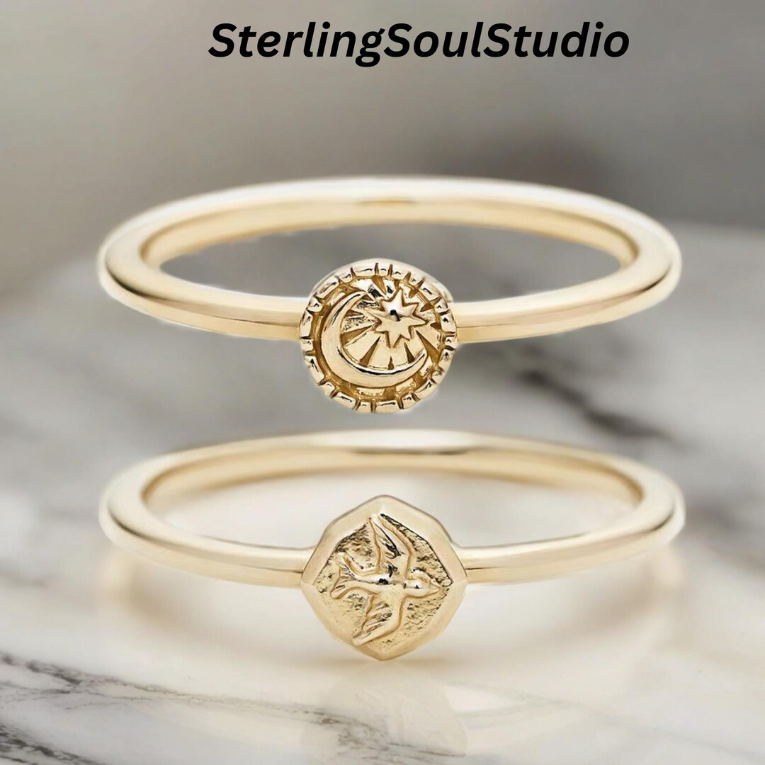 Sterling Silver Star Moon Dove Ring: Gold Celestial Emblem - Etsy