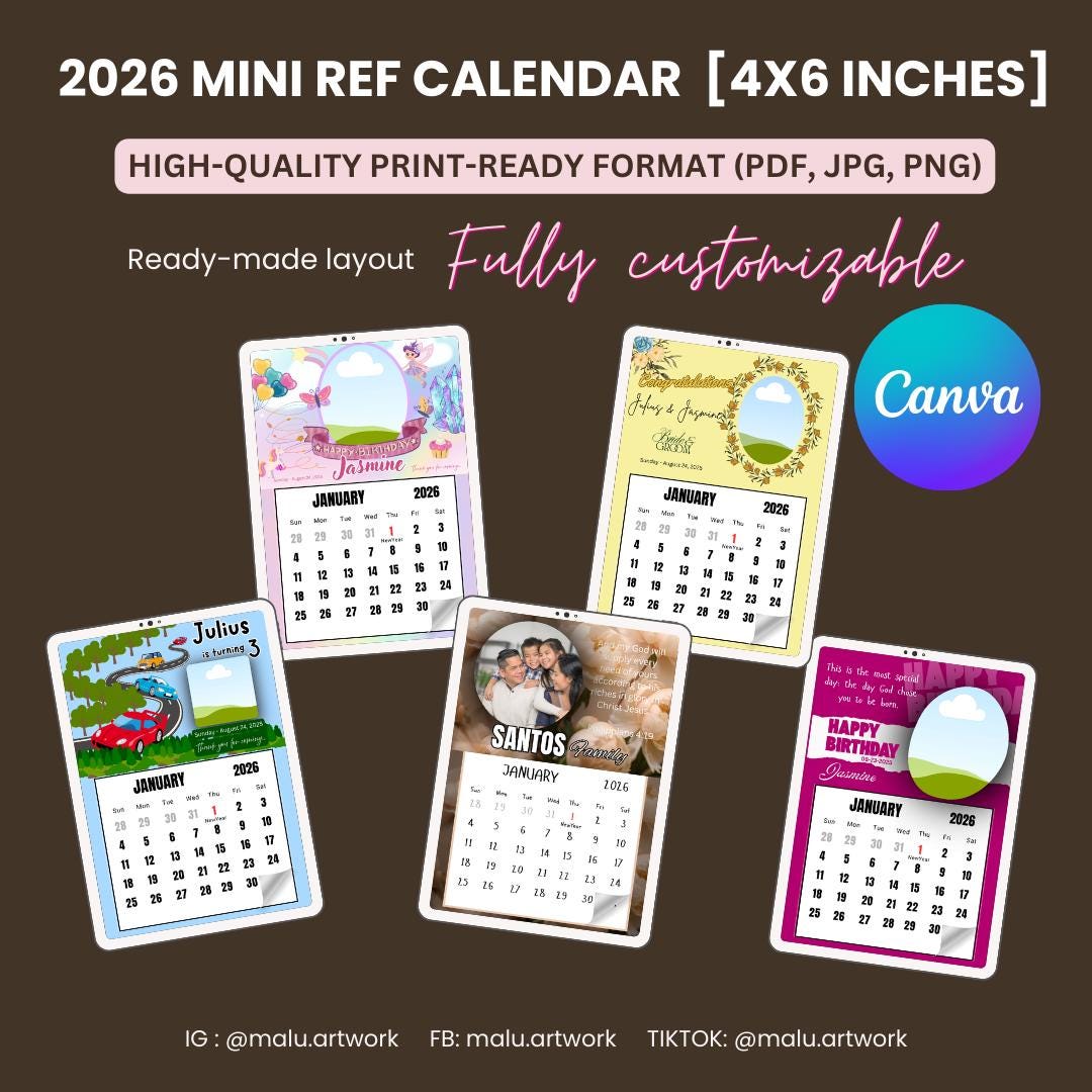 2026 Mini Calendar Template: 4x6 Party Souvenir (canva Editable ...