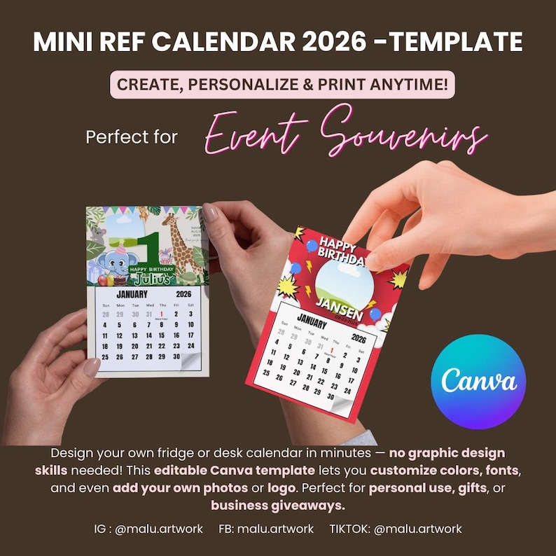 2026 Mini Calendar Template: 4x6 Party Souvenir (canva Editable ...