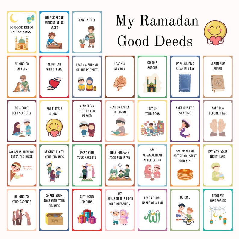 30 Ramadan Good Deeds Cards for Kids, Islamic Printable Ramadan ...