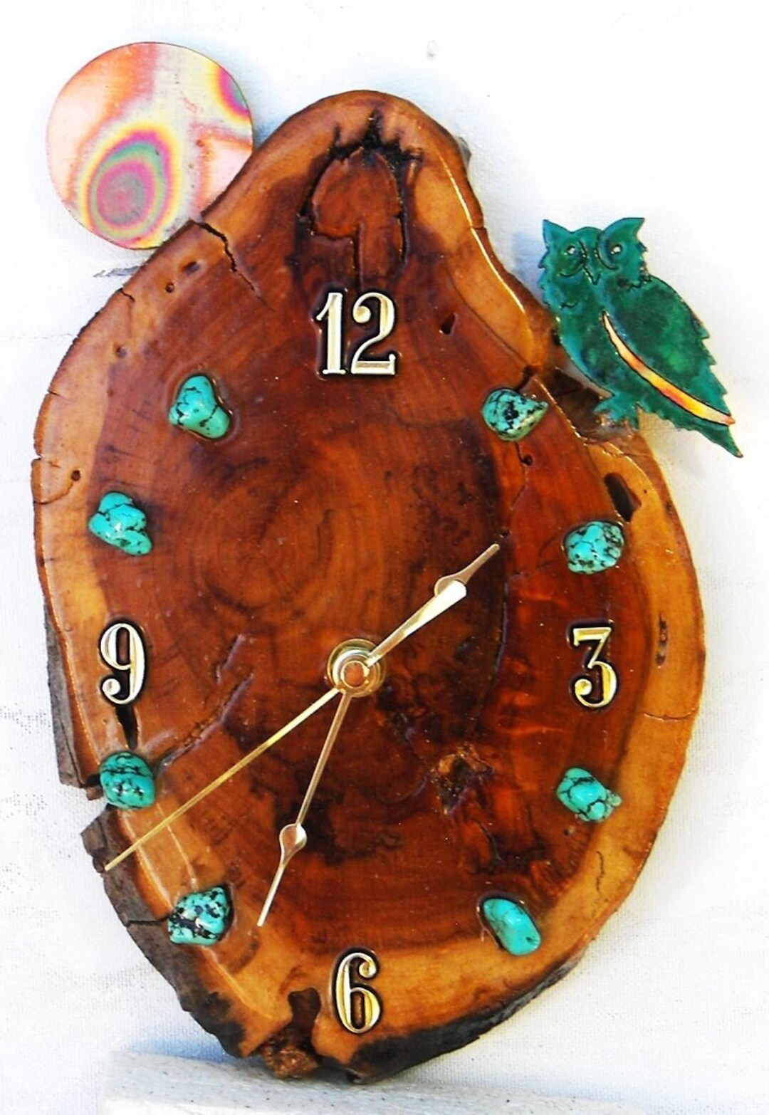 Great Horned Owl With Moon and Turquoise Stones Log Cabin Style 10 X 7 ...