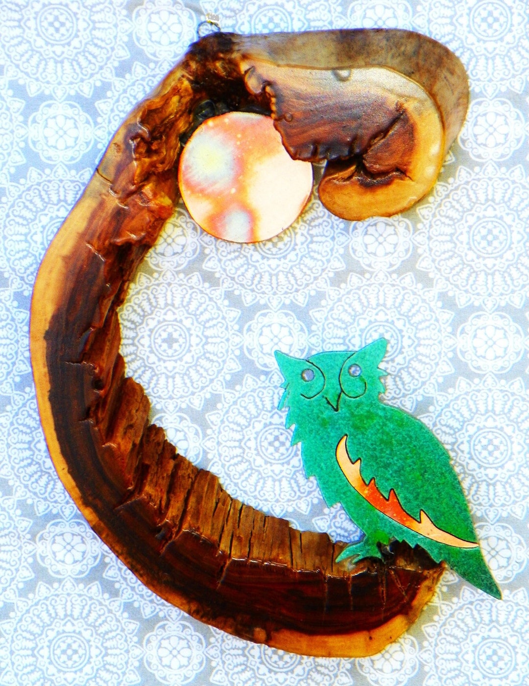 Great Horned Owl With Moon in Hollow Log Slice 9.25" X 7" X 1.5" Rustic ...