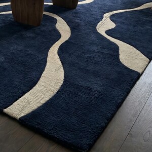 Navy Blue and Cream Abstract Wave Rug, Hand Tufted Wool Area Rug for ...