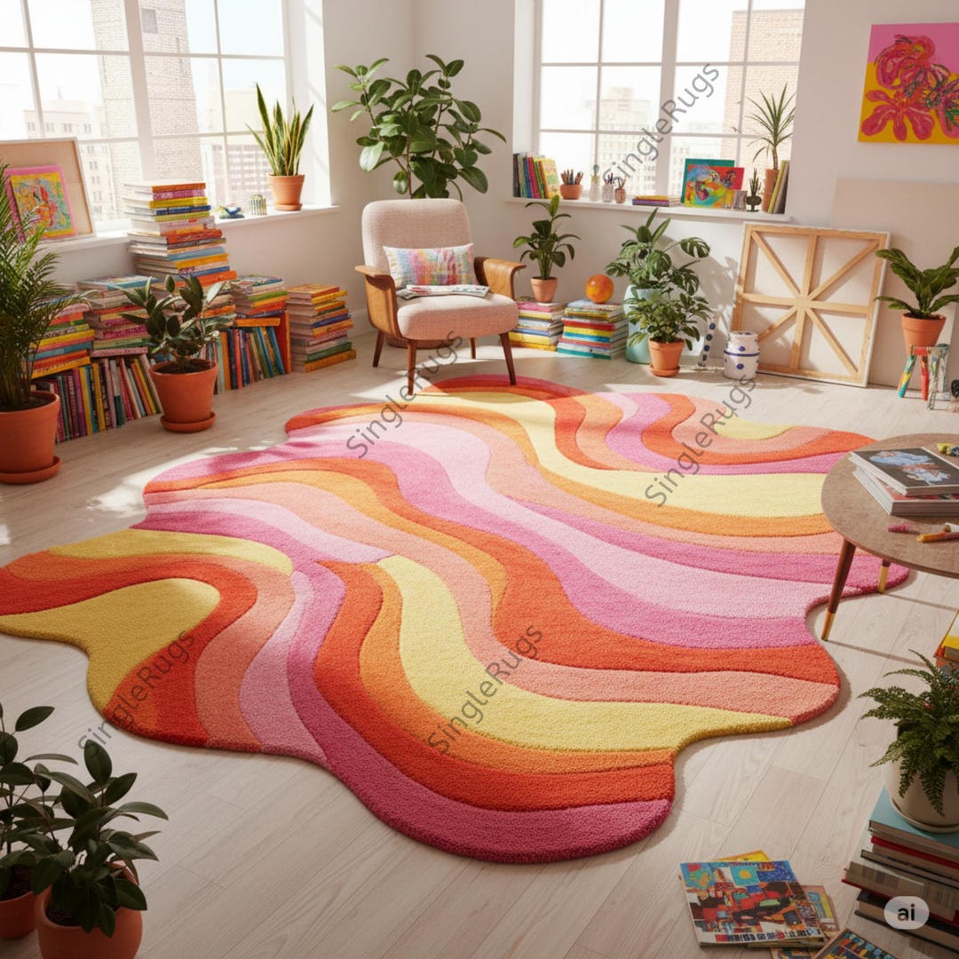 Hand-tufted Wool Rug: Groovy Retro Wavy Design, Pink Orange Yellow - Etsy