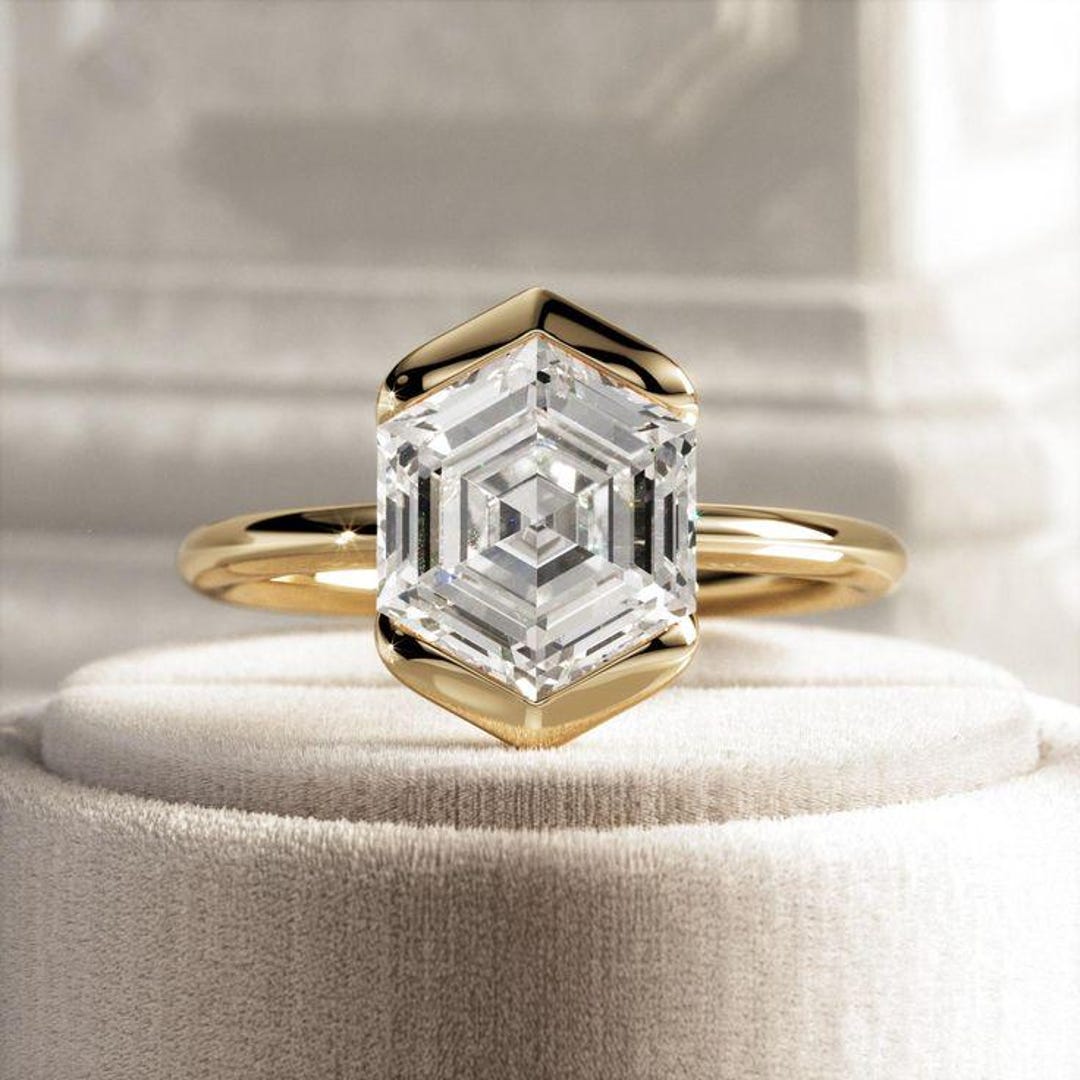 Solitaire Half Bezel Set Wedding Ring, 2.00 CT Hexagon Cut Lab Diamond ...