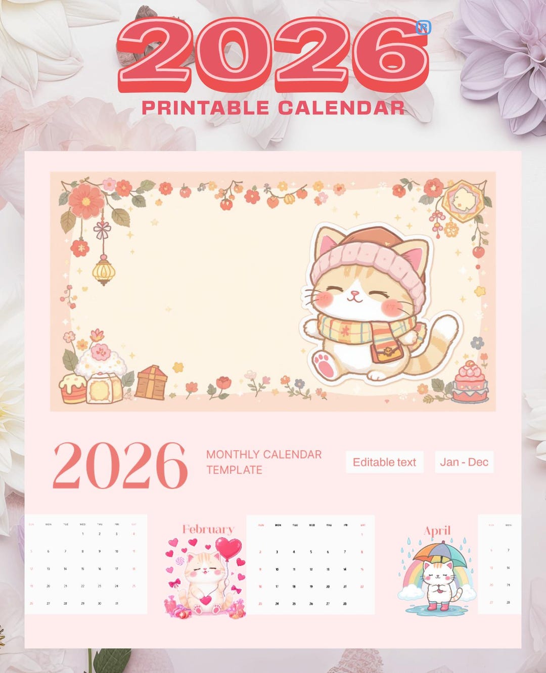 Editable Kawaii Cat Calendar 2026: Pastel Color Kids Planner (digital ...