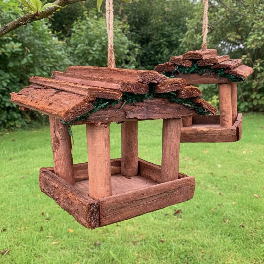 Set of 2 Hanging Wooden Bird Table Feeders Rustic Garden Wild Seed ...