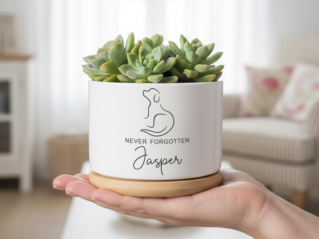 Ceramic Pet Memorial Planter With Engraved Dog Line Art, Personalized ...