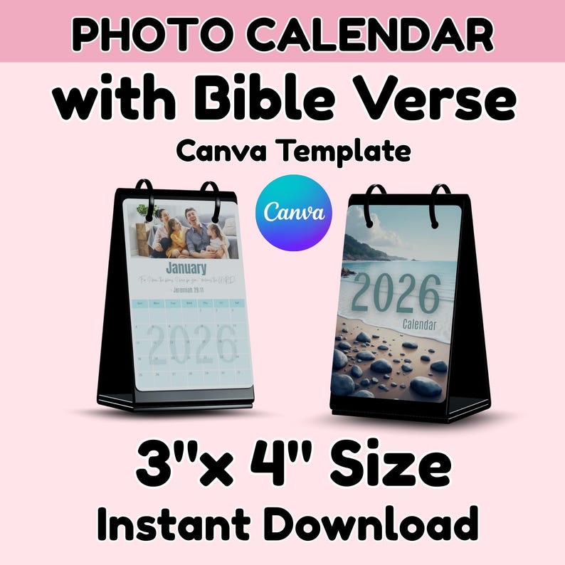 Editable Photo Mini Desk Calendar 2026 3x4 Inches Canva Template With ...