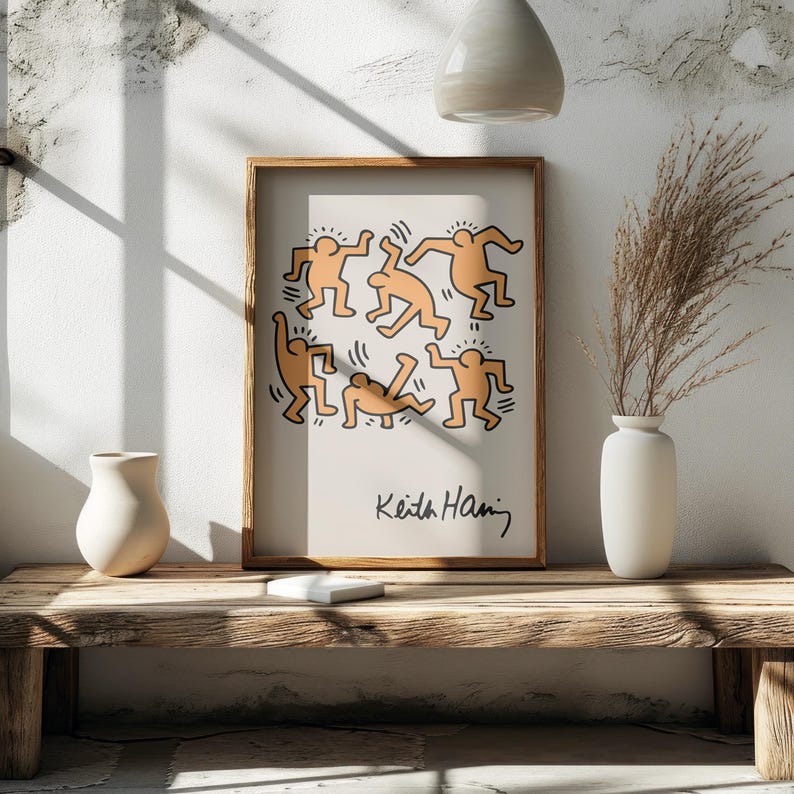 Keith Haring Inspired Pop Art Print: Dancing Figures, Natural Wood ...