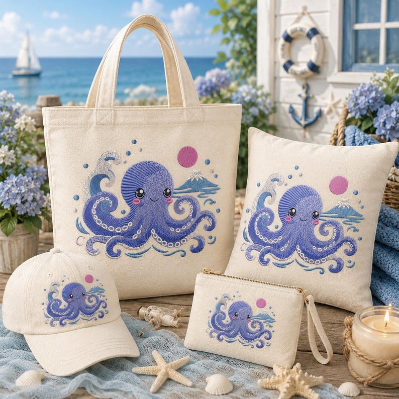 Octopus Embroidery Design, Kawaii Sea Animal Machine Embroidery, Ocean ...