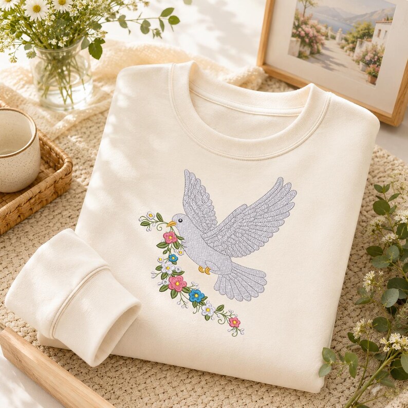 Embroidery Design, Dove With Flowers, Peace Bird, Floral, Wedding Gift ...