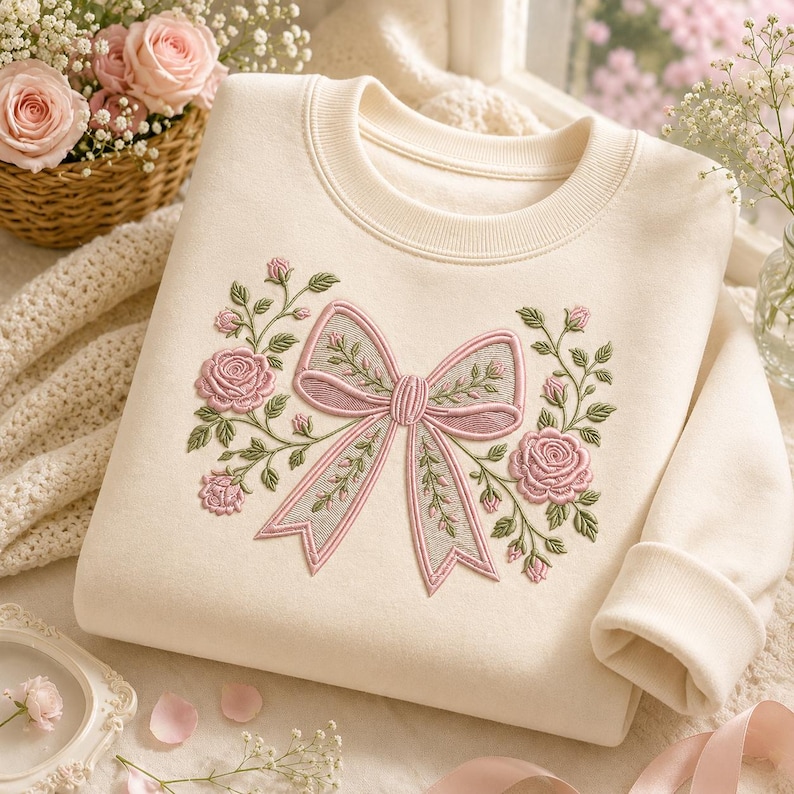 Pink Bow Floral Embroidery Design, Rose Coquette Machine Embroidery ...