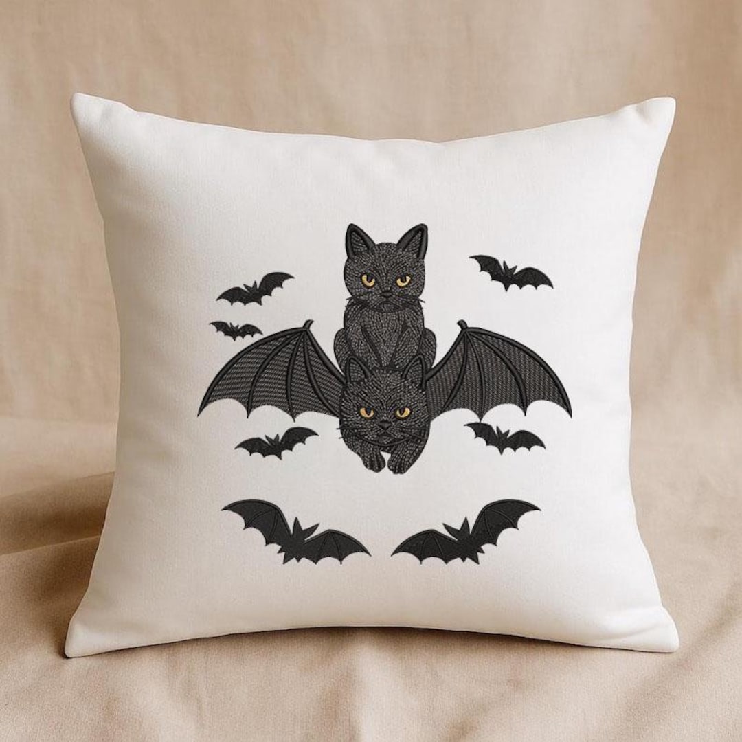 Black Cat Bat Wings Embroidery Design, Gothic Cat Stitch, Flying Bat ...