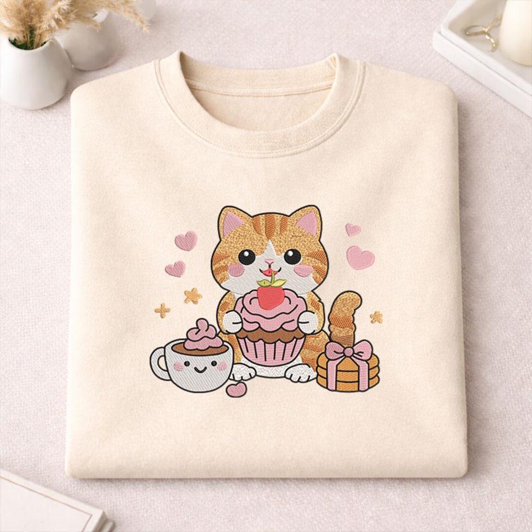 Schattige kat cupcake borduurontwerp | Kawaii Kitty-dessertkoffie ...