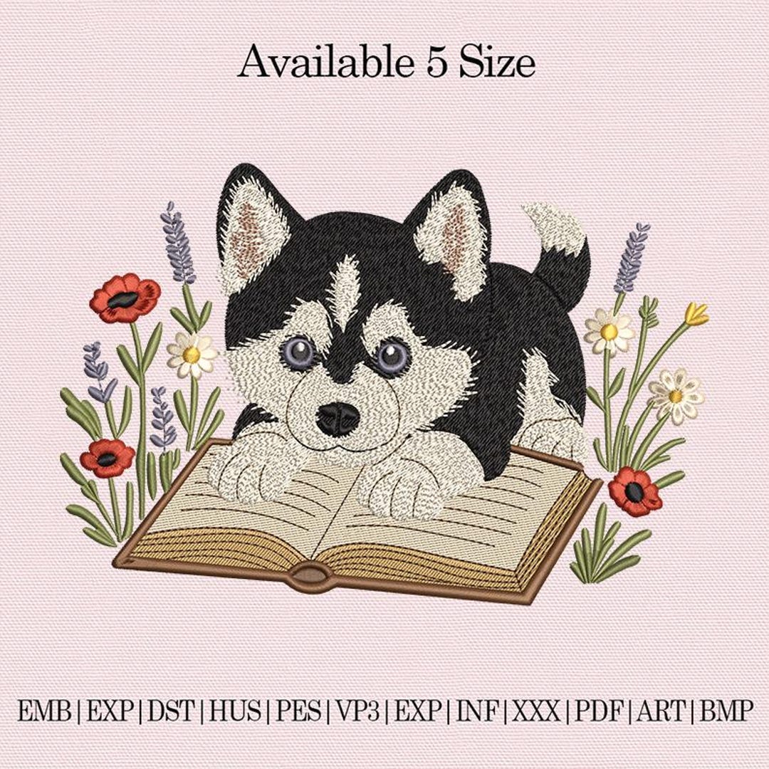 Husky Reading Book Embroidery Design, Cute Dog Floral Machine ...