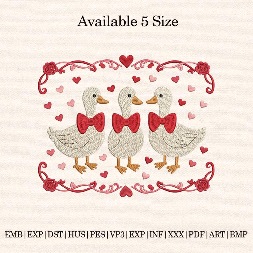 Cute Goose Valentine Embroidery Design, Love Geese With Red Bow Machine ...