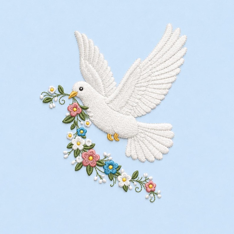 Embroidery Design, Dove With Flowers, Peace Bird, Floral, Wedding Gift ...