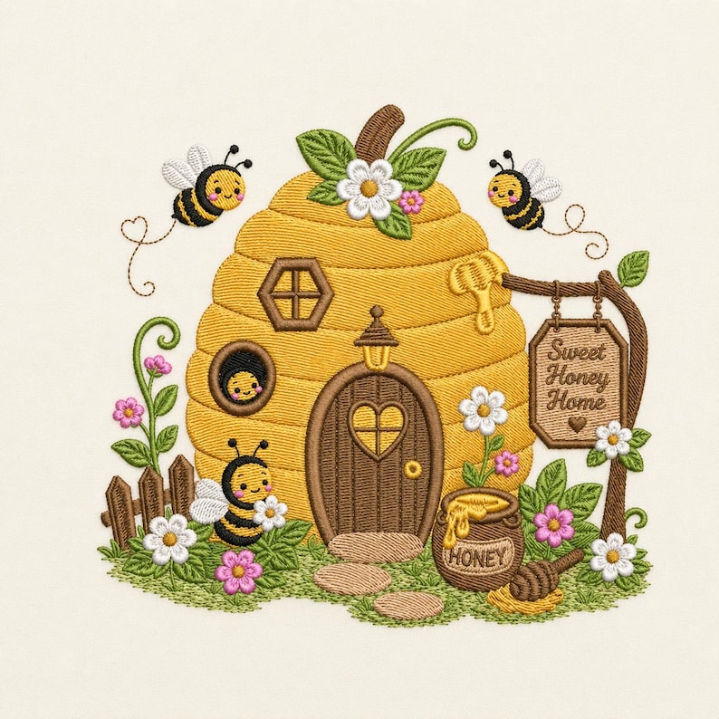 Bee Honey House Embroidery Design, Garden Scene, Machine Digital ...