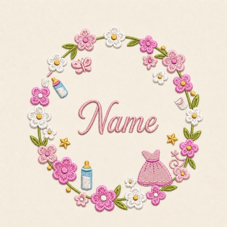 Floral Wreath Name Embroidery Design, Baby Girl Nursery Machine File ...