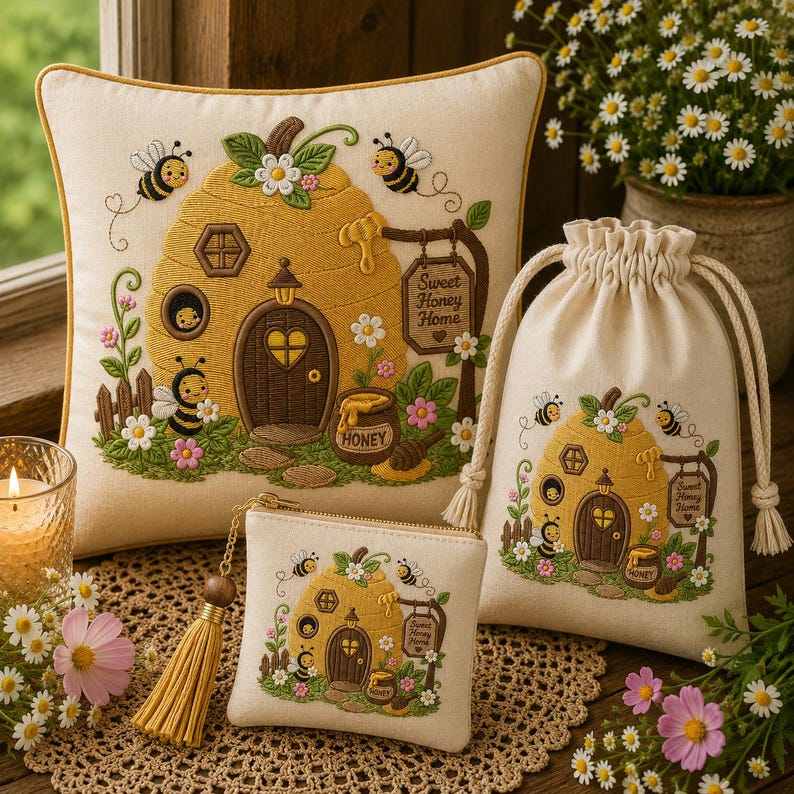 Bee Honey House Embroidery Design, Garden Scene, Machine Digital ...