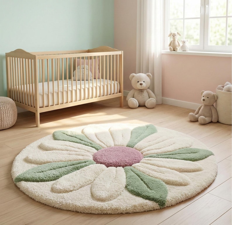 Handmade Wool Daisy Rug | Sage Green Floral Tufted Carpet - Etsy UK