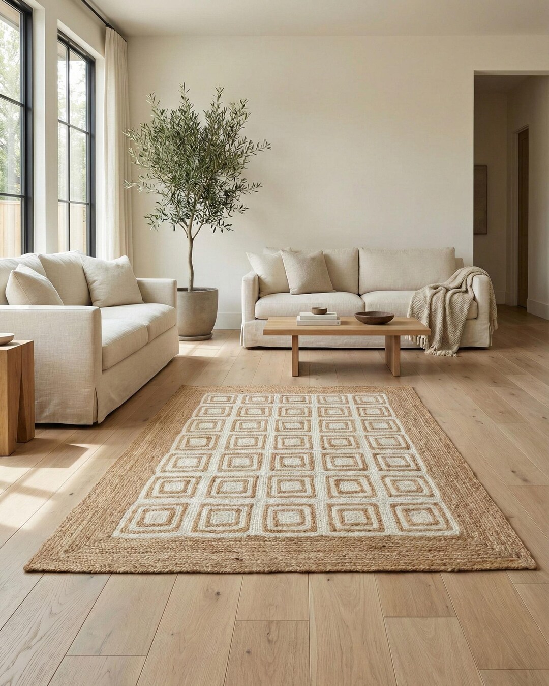 Handmade Braided Jute Rug, Geometric Pattern, Natural Fiber Area Carpet ...
