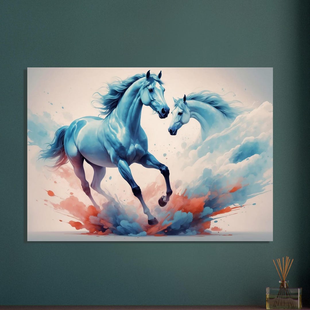Watercolor Running Horses Print: Blue and Red Animal Wall Art - Etsy