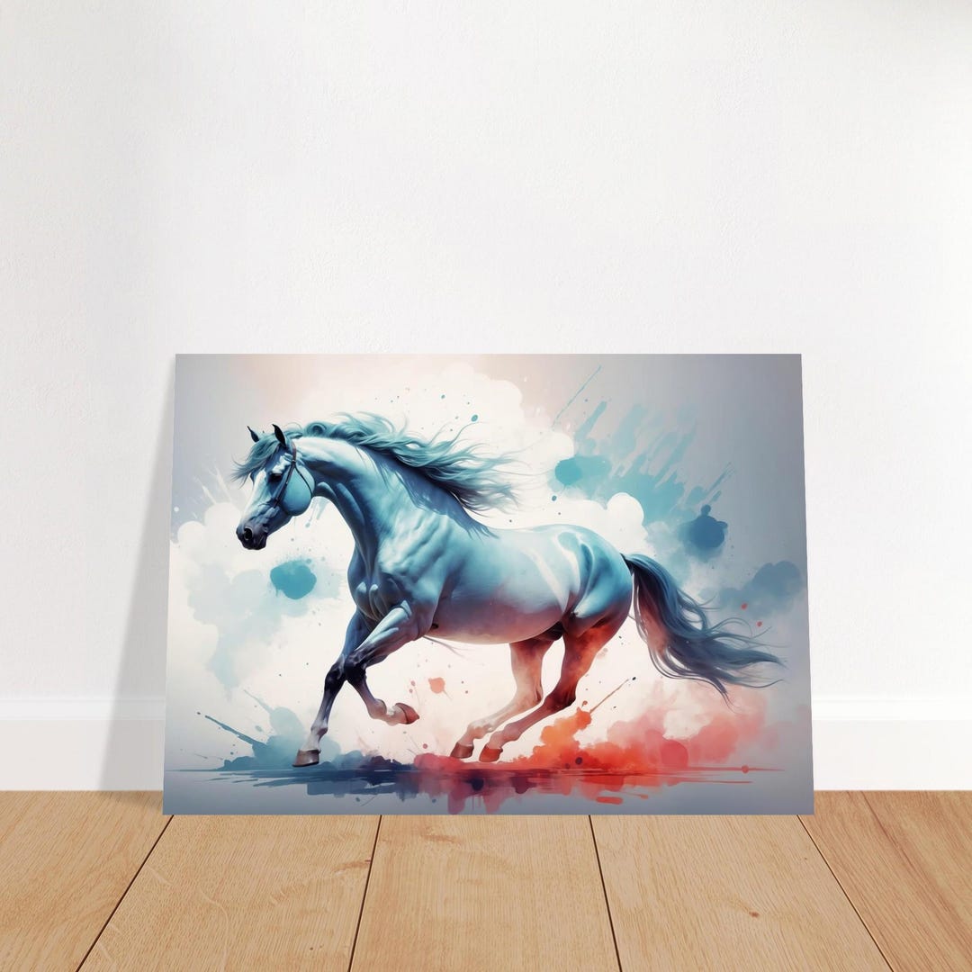 Running Horse Watercolor Print: Blue and Red Animal Wall Art - Etsy