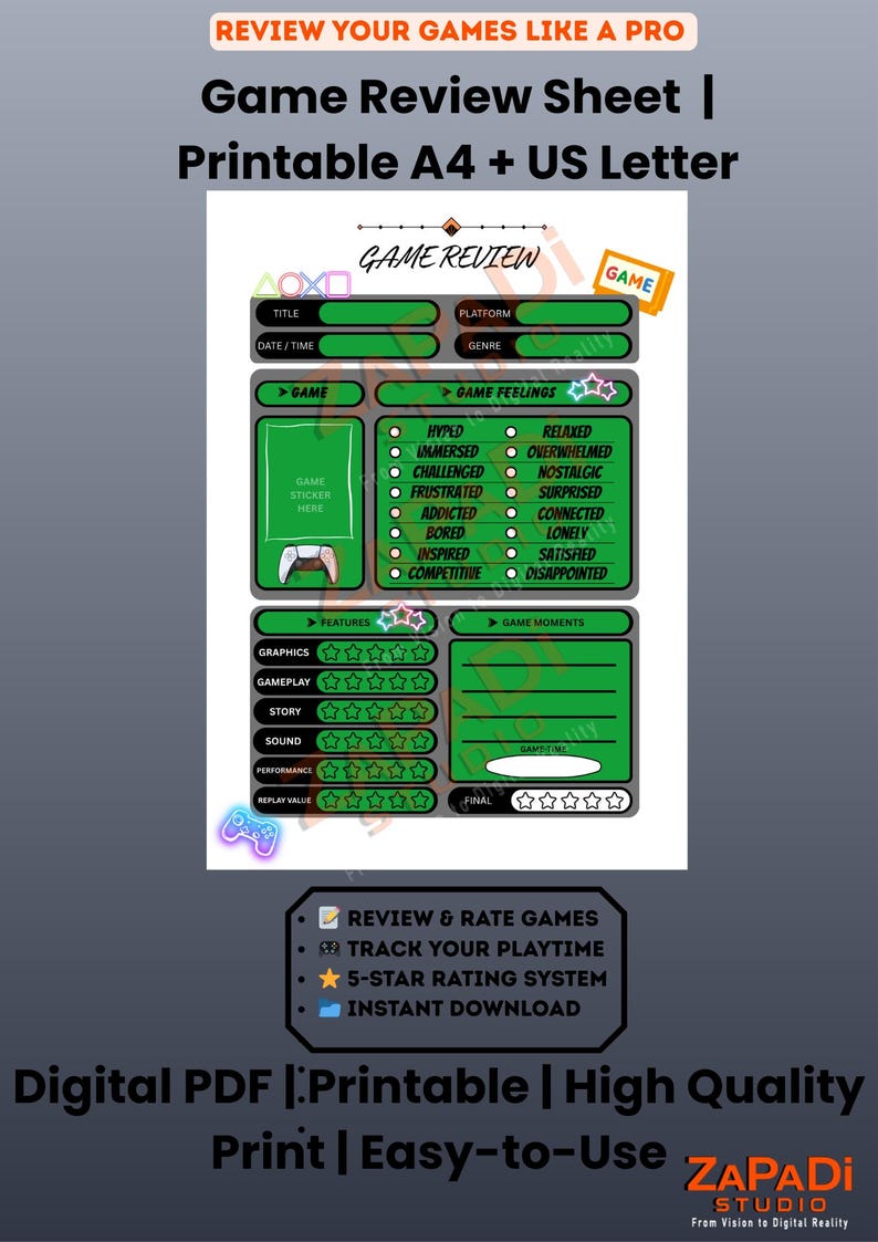 Game Review Template Bundle 3 Colors | Green, Orange, Gradient | A4 US ...