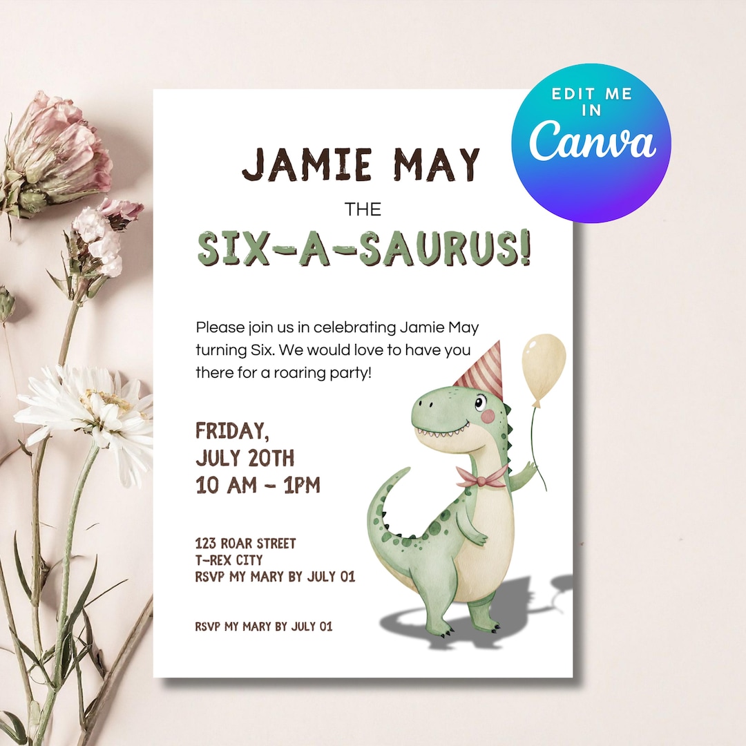 Dinosaur Birthday Invitation Six-a -saurus Editable Canva Template ...