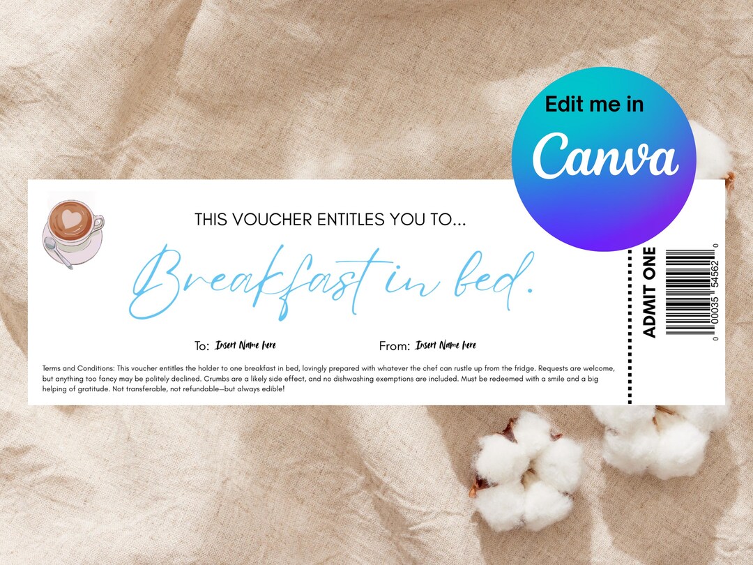 Breakfast in Bed Voucher: Editable DIY Gift Coupon Template Instant PDF ...