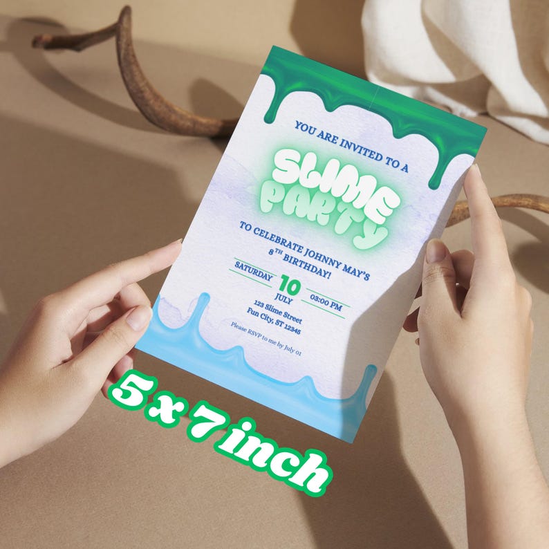 Slime Party Glowing Birthday Digital Invitation | Green Blue Canva ...
