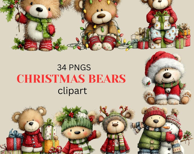 Teddy Bear Christmas Clipart: Cute Festive Holiday Graphics (digital ...