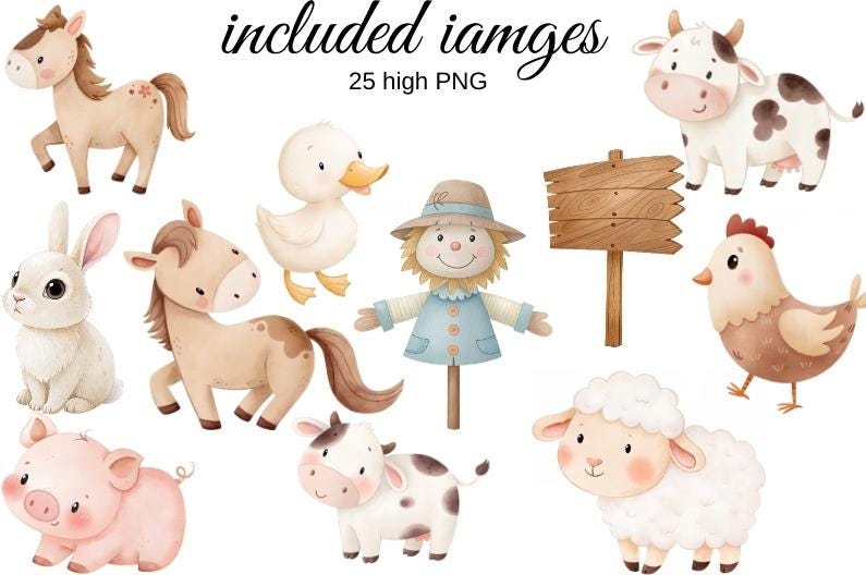 Cute Farm Watercolor Clipart – PNG Farm Animals, Farmers, Barns ...