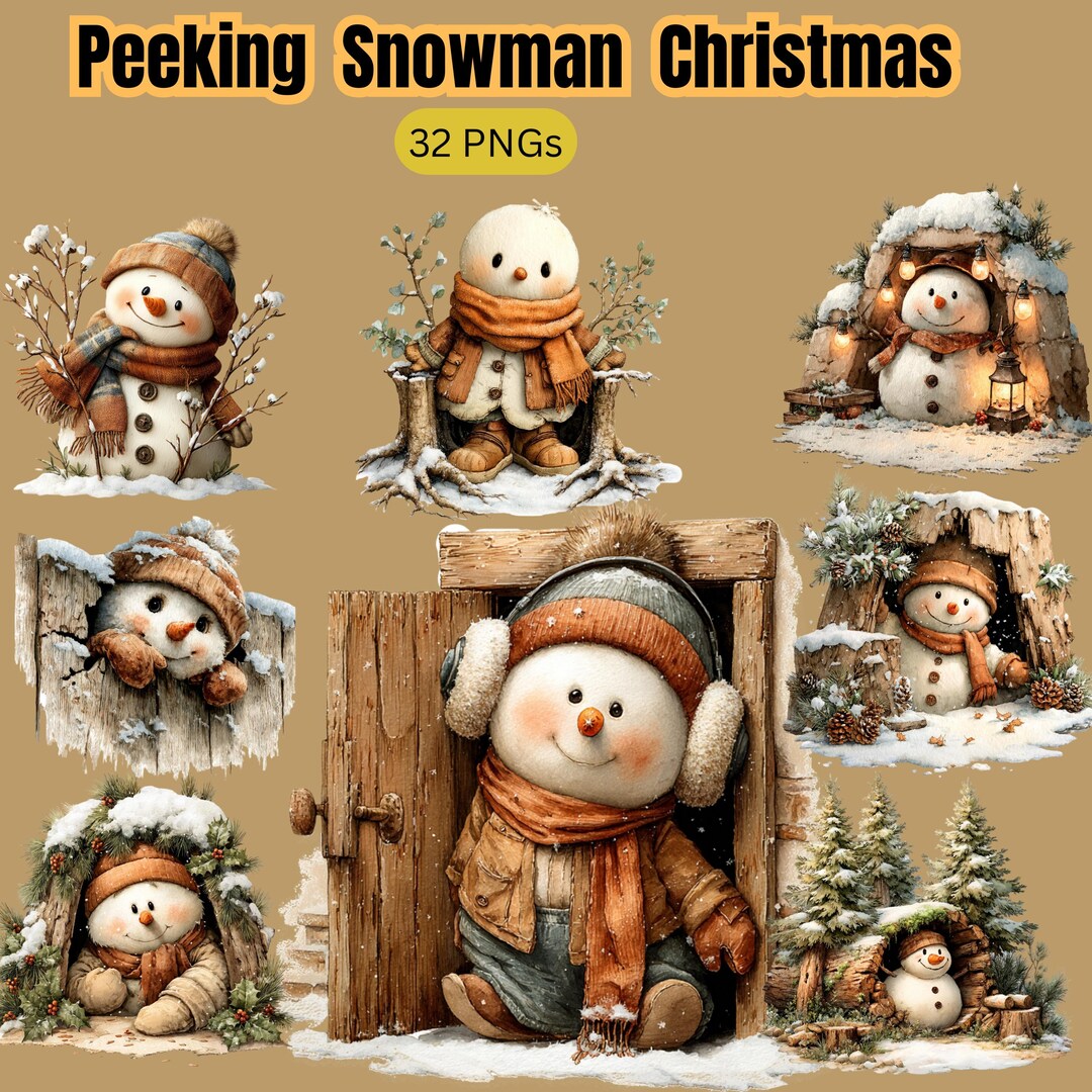 32 PNG Watercolor Peeking Snowman Clipart: Holiday JPG Images (digital ...