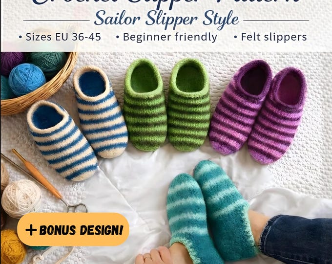 Easy Crochet Slippers PDF, Sailor Inspired Felt Shoes, Step-by-step ...