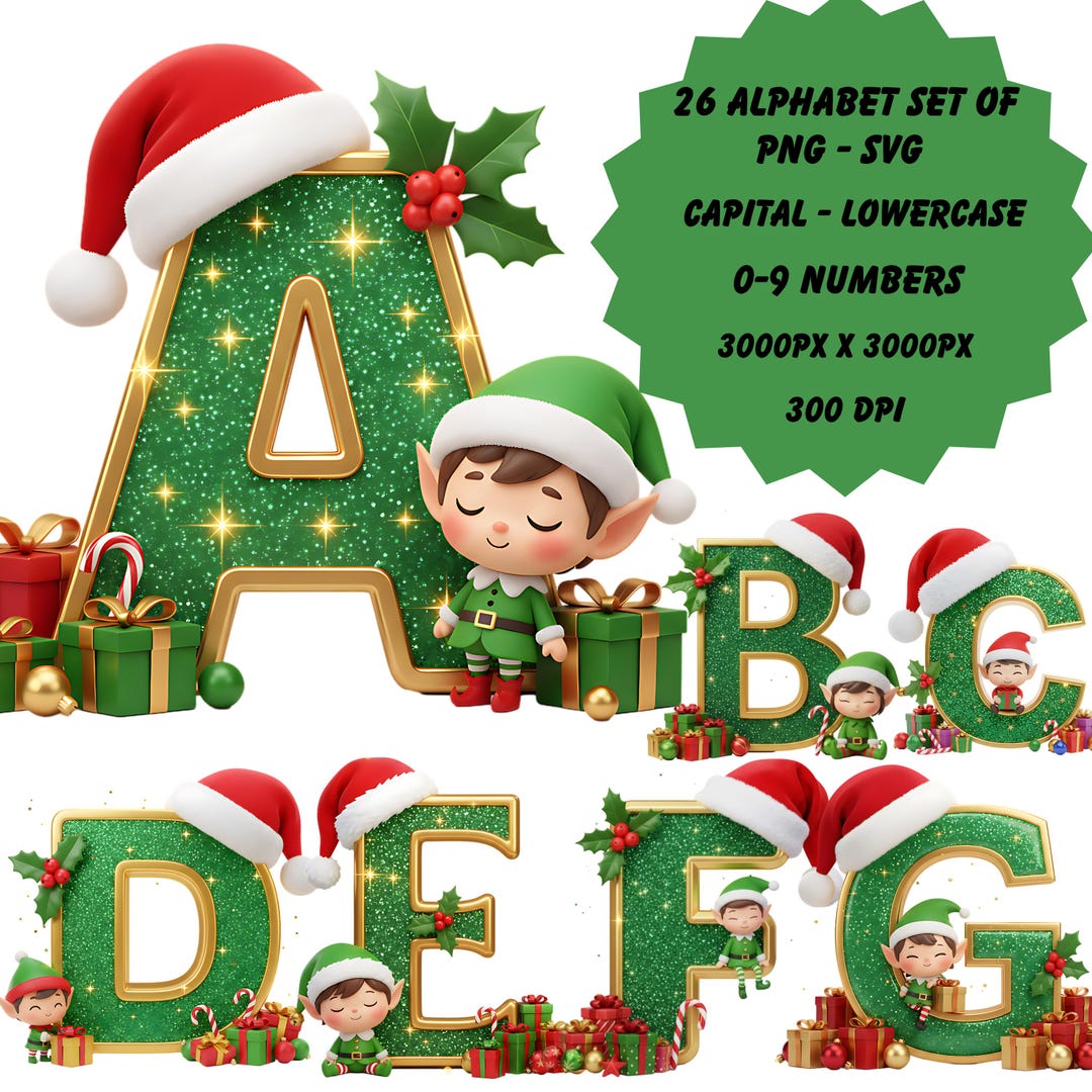 Christmas Elf Alphabet PNG: Glitter Green & Gold Letters (digital ...