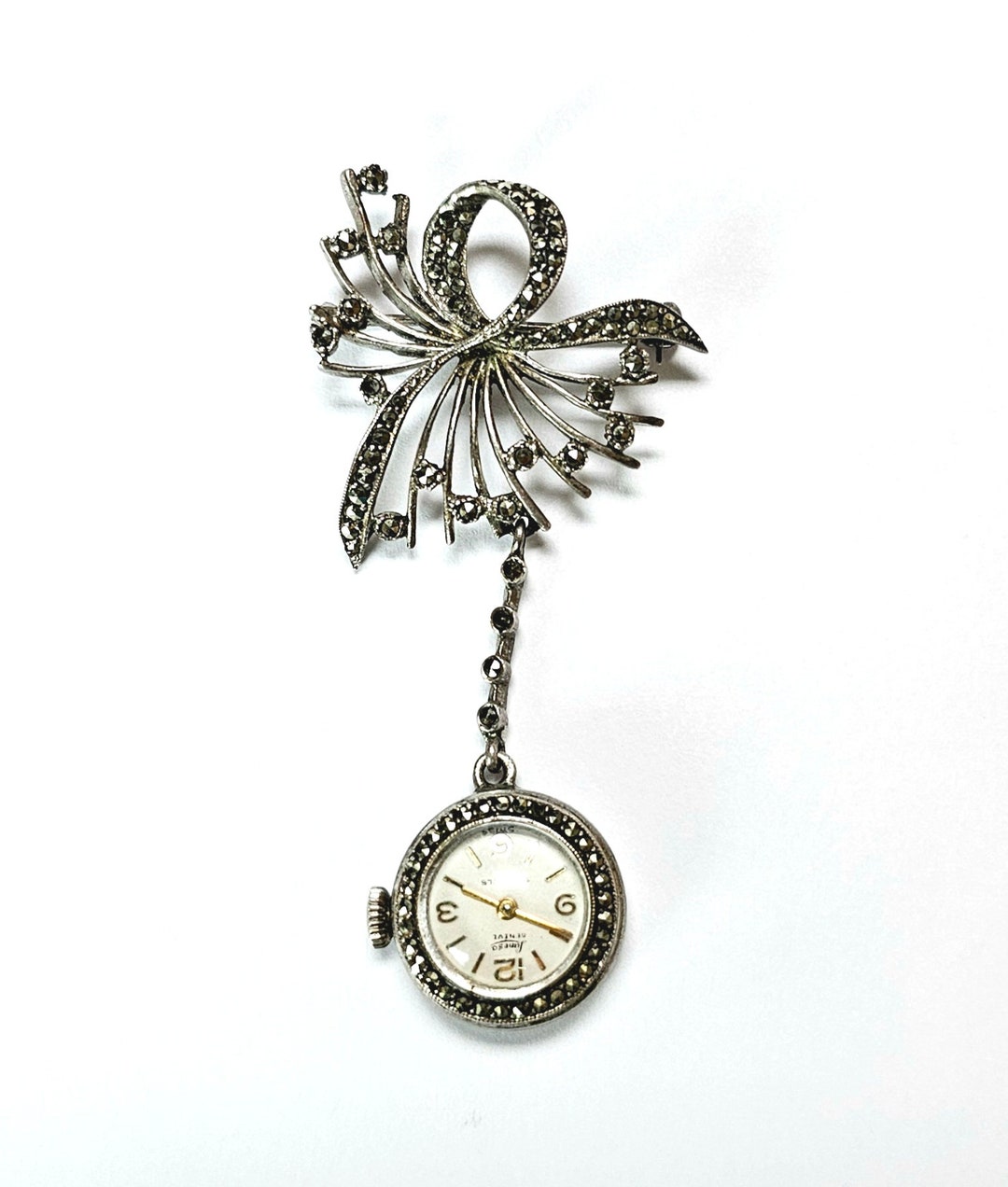 1940s Watch Brooch Lunesa Nurse Watch Sterling & Marcasites 17 Jewels ...