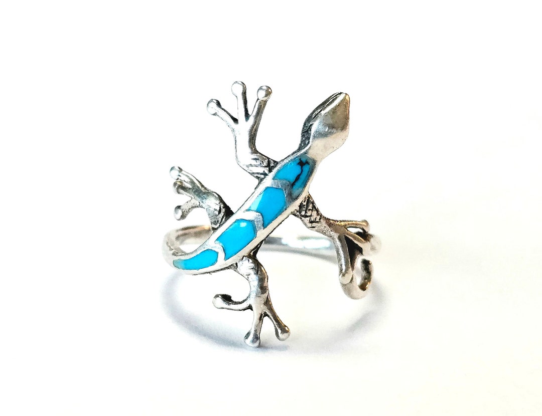 Gecko Sterling Ring Turquoise Inlay 3D Lizard Ring Size 9 - Etsy
