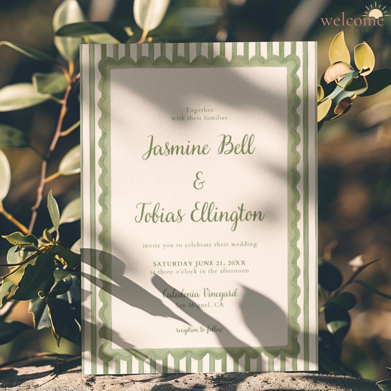 Green Stripe Wedding Invitation Template Suite, Elegant Sage Scallop ...