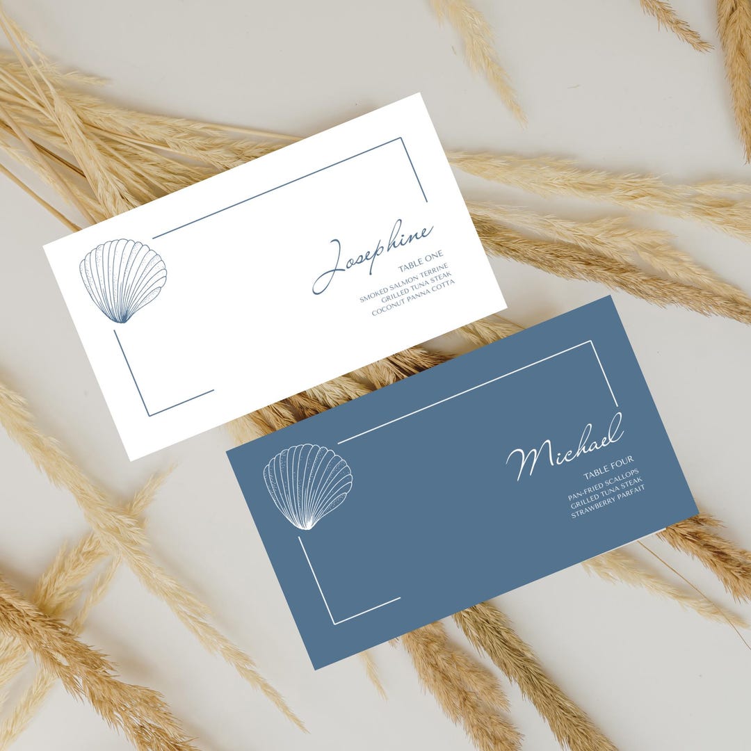 Coastal Minimalist Wedding Place Card Template, Elegant Beach Seashell ...