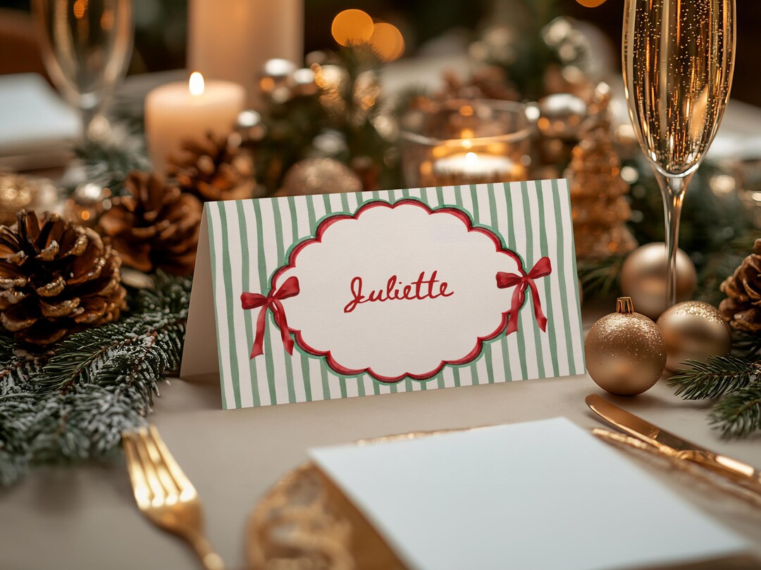 Editable Christmas Dinner Place Card: Green Stripes, Red Bow (printable ...