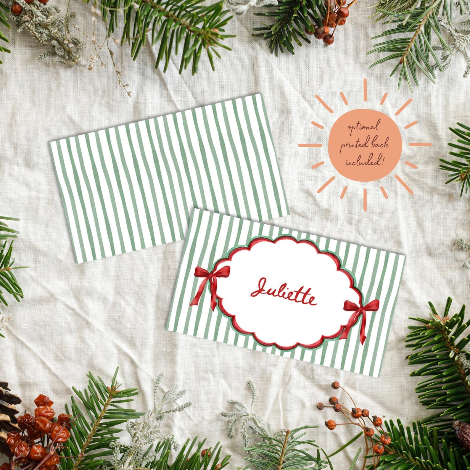 Editable Christmas Dinner Place Card: Green Stripes, Red Bow (printable ...